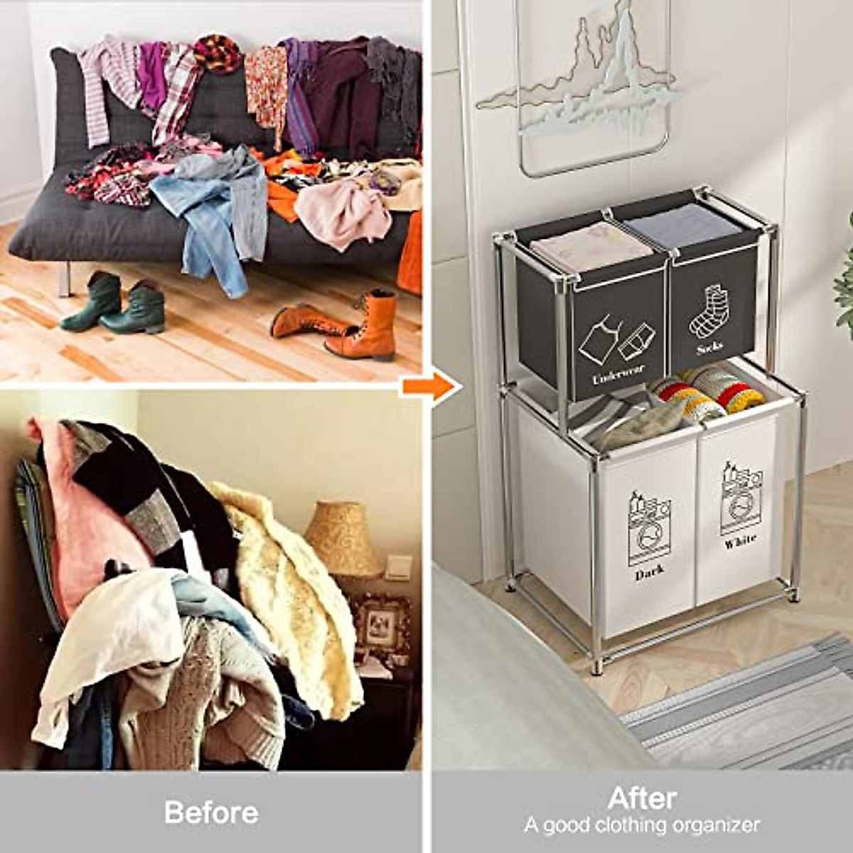 2-Tier Vertical Laundry Sorter with 4 Removable Bags, 4 Section Laundry Basket Organizer Hamper for Laundry Room, Small Space and Closet