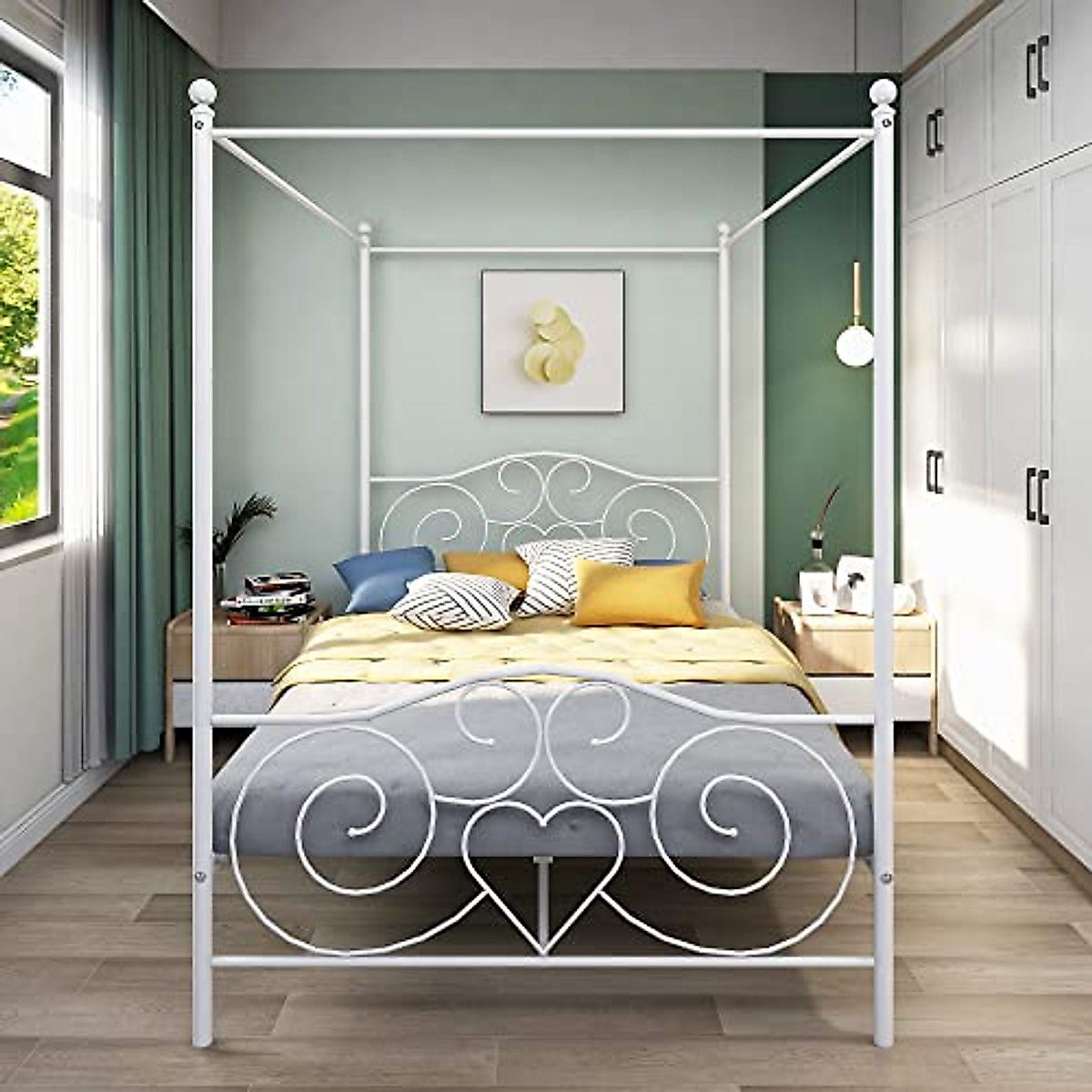 Canopy Bed Frame Platform Bed Frame Morden Design Heavy Duty Steel Slat and Support with Headboard and Footboard No Box Spring Required (Full, White)