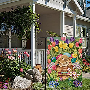 Happy Easter Bunny Garden Flag, Rabbit Lily Flower Burlap Decorations, Vertical Double Sided Season Greeting Decor, Outdoor Indoor Spring Yard Flag 12.5 x 18 Inch (Easter)
