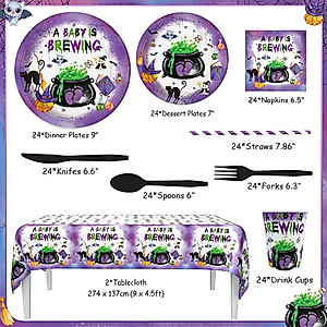 AIBIIN 194pcs Halloween Baby Shower Decorations Halloween A Baby is Brewing Baby Shower Party Plates, Cup, Napkin, Tablecloth, Tableware, Halloween Party Supplies Plates Serve 24 Guests