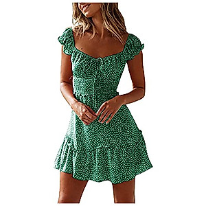WYTong Women’s Summer Dresses Bohemian Sexy Summer Pleated Sleeve Neckline Print Dress Mini Dress Sundress(Green,Small)