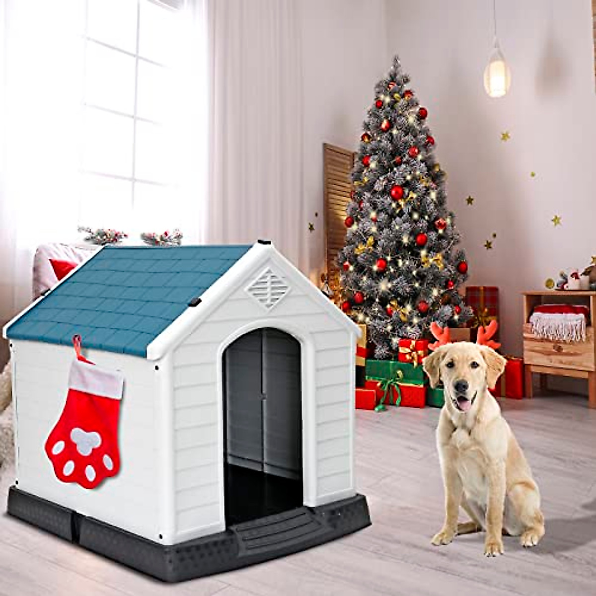Large Plastic Dog House Indoor Outdoor Doghouse Dog Kennel Easy to Assemble Puppy Shelter w/Air Vents Elevated Floor Waterproof