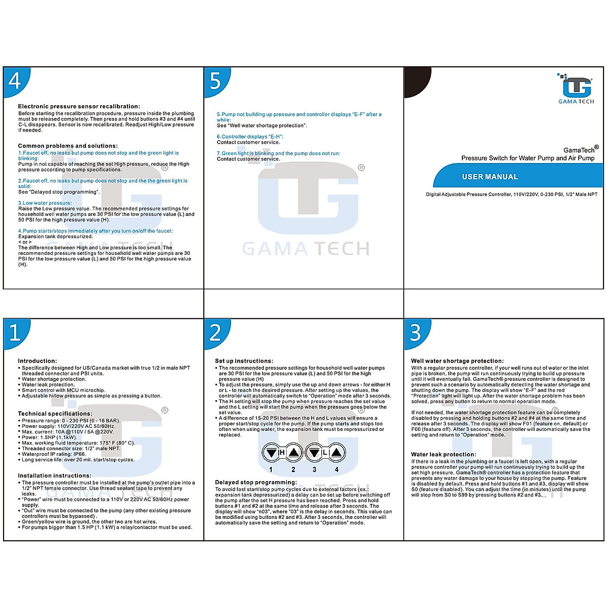 GamaTech 110V/220V Pressure Switch for Water Pump and Air Pump, Digital Adjustable Pressure Controller, 0-230 Psi, 1/2" Male Npt