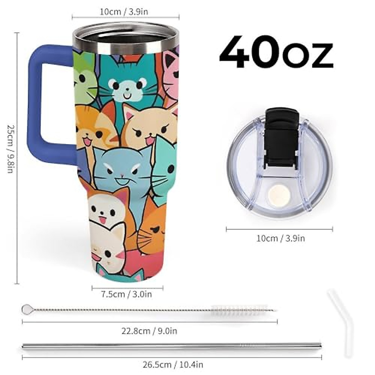 Cats Pattern 40 Oz Stainless Steel Cup Travel Tumbler with Handle and Straw Lightweight Coffee Mug for Home Office