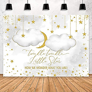Avezano Twinkle Twinkle Little Star Backdrops Gray White Clouds Gender Neutral Baby Shower Party Background Gold Glitter Stars Newborn Baby Boy or Girl Gender Reveal Decoration Supplies 7x5ft
