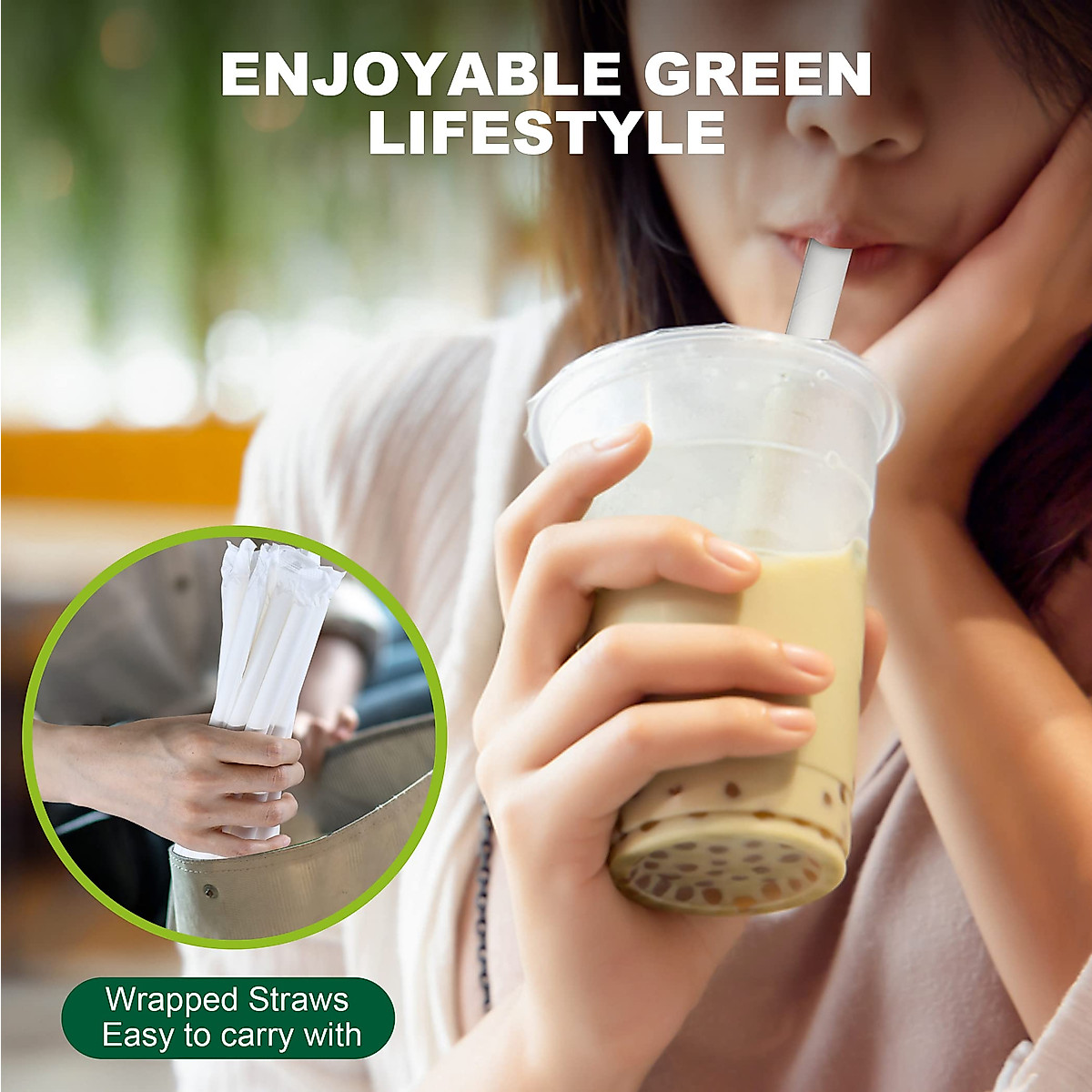 Chunspak 9 Inch Individually Wrapped Disposable White Paper Boba Straws, Bubble Tea Straws 100 Counts, 0.5"/12mm Wide - Pointed End, Extra Thick, Fat - Eco-friendly Biodegradable