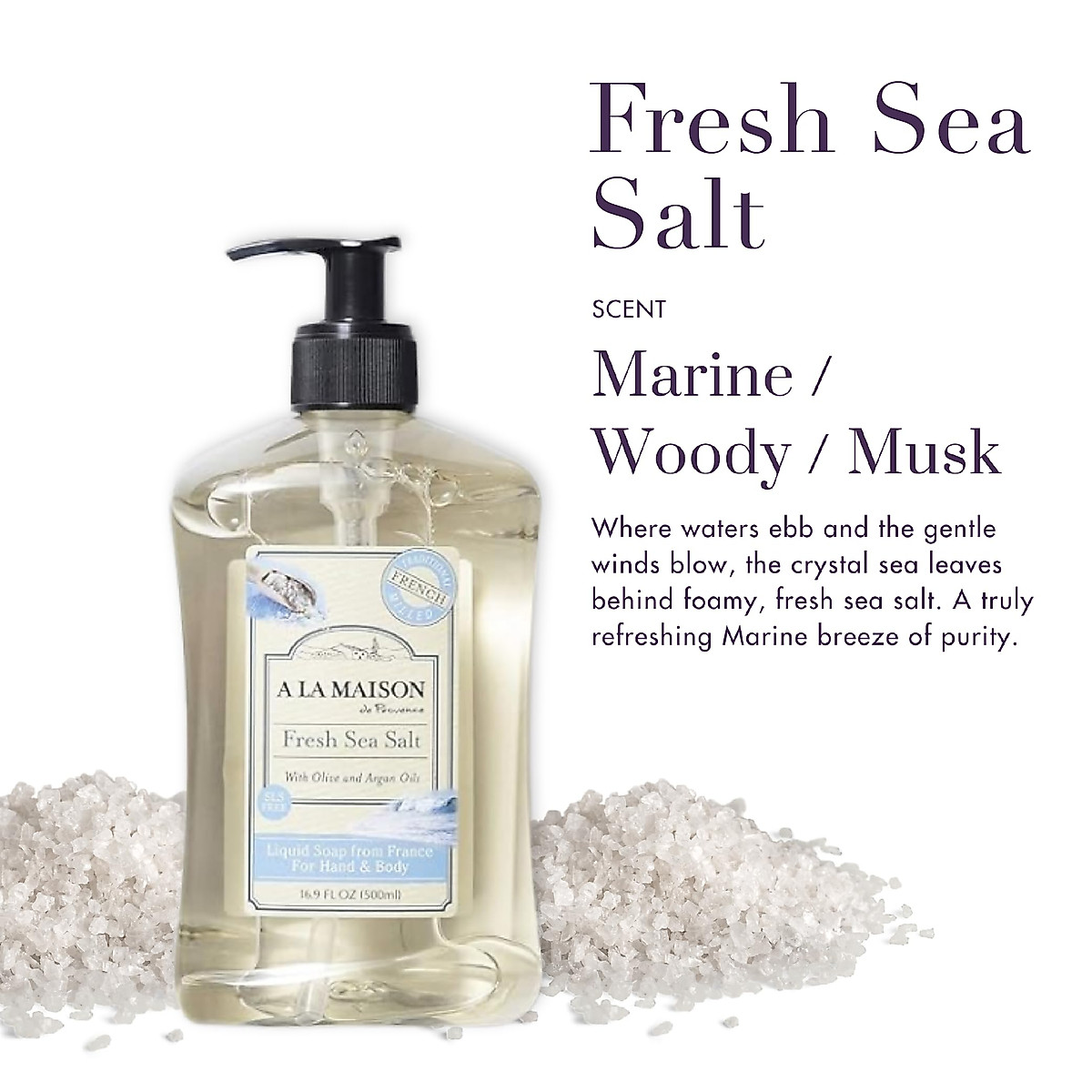A LA MAISON French Liquid Hand Soap, Fresh Sea Salt - Natural Hand Wash Made with Essential Oils - Biodegradable, Plant-Based, Vegan, Cruelty-Free, Alcohol & Paraben Free (16.9 oz, 3 Pack)