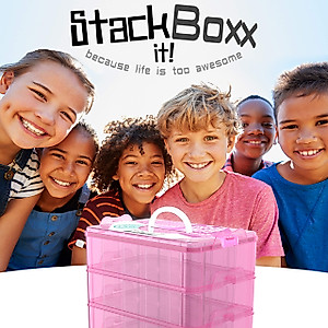 Stack Boxx Stackable Organizer and Storage Container (Pink) +Free Case | Be Clutter-Free, Be Happy! 5 Layers w/Handle -Perfect Solution for Kids Toys, Art Crafts, Jewelry, School & Office Supplies