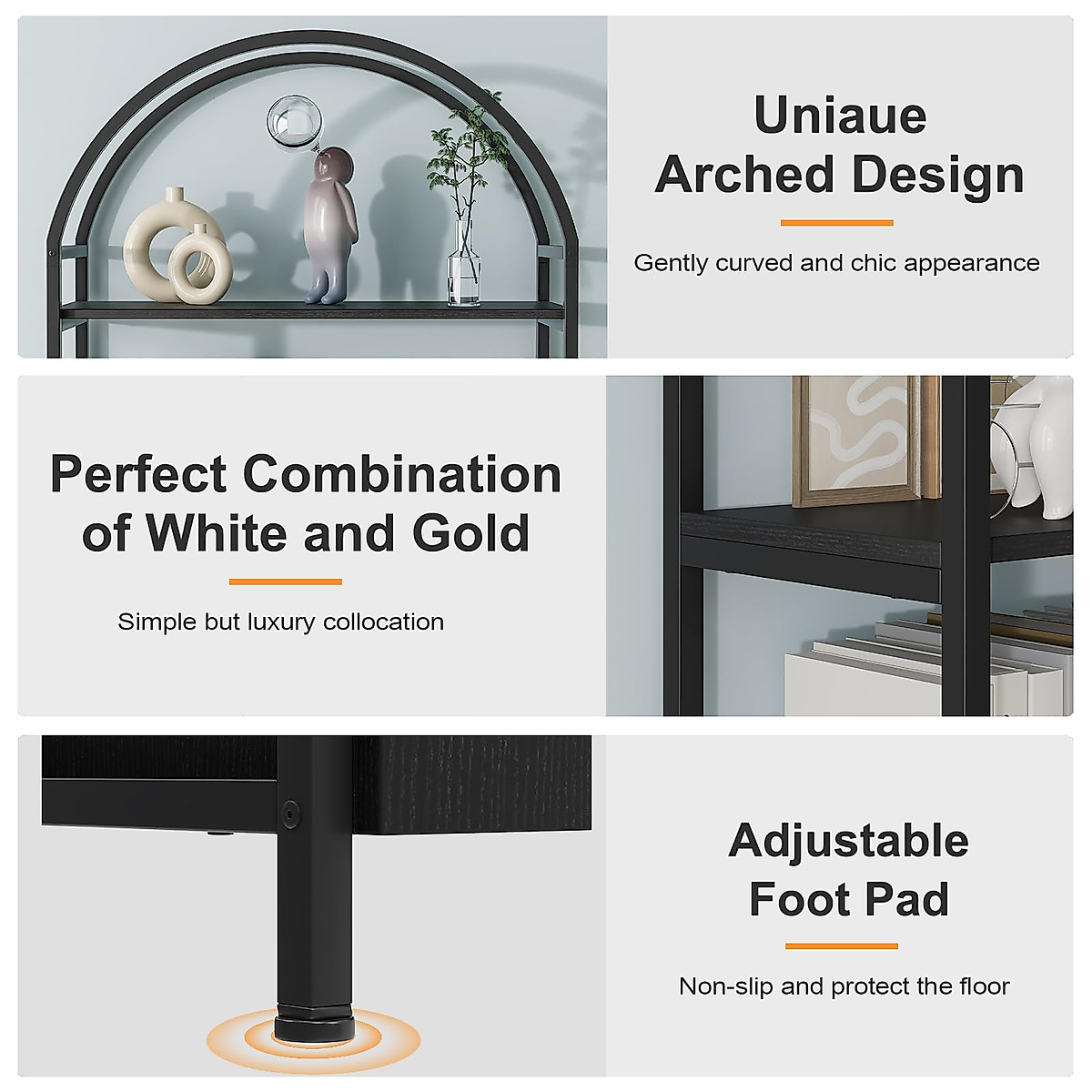 Jehiatek Arched Bookshelf, Bookcase with Doors Storage, 71 Inches Tall Industrial Book Shelf with Sturdy Metal Frame, E1 Quality Boards, Freestanding Display Shelving Unit, Black