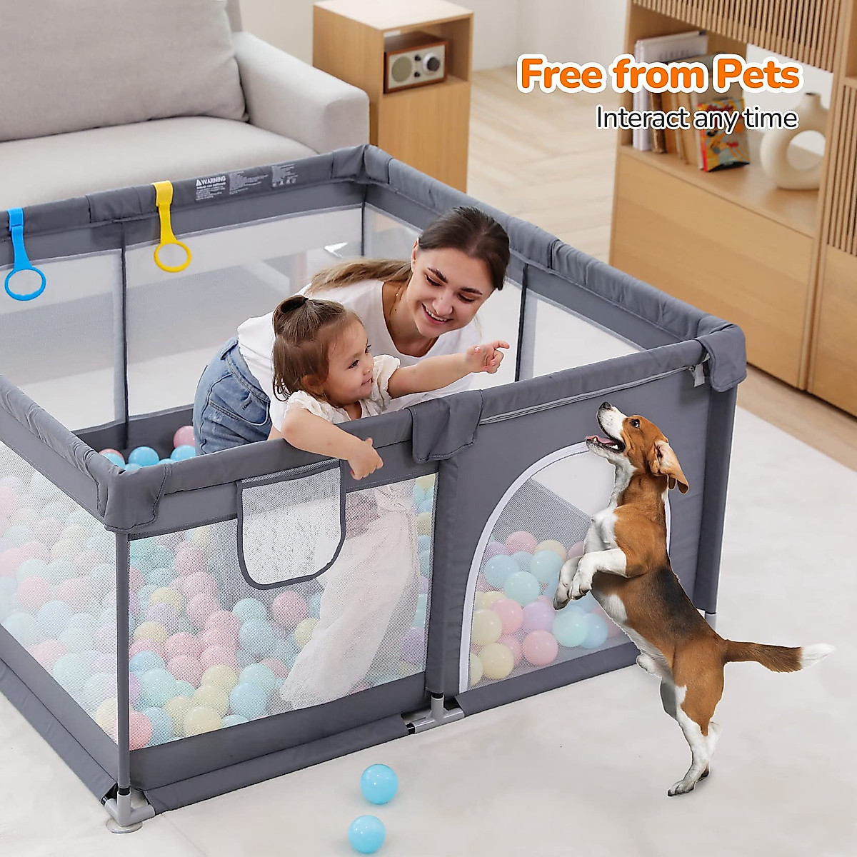 Baby Playpen, Baby Fence with Gates, Playpen for Babies and Toddlers, Playards with Pull-up Rings, Visible Mesh, Safe Anti-Fall Sturdy Baby Play Area, Waterproof Oxford Cloth 50x50"