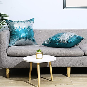 Juya Delight Sequin Throw Pillowcases Teal and Silver Sparkle Pillow Cushion Covers for Couch Sofa Home Decor,18x18 inches, Set of 2