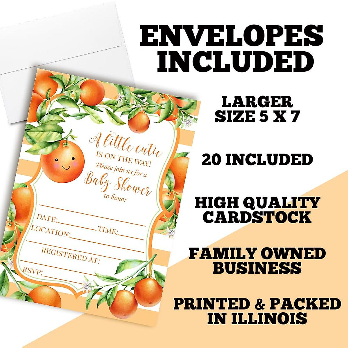 Amanda Creation Little Cutie Baby Shower Invitations, 20 5x7 Fill-In Cards with Twenty White Envelopes