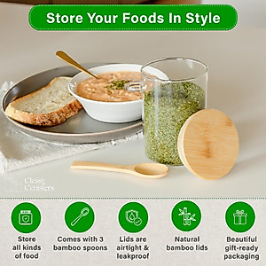 Set of 3 Airtight Glass Jars with Bamboo Lids & Bamboo Spoons - Decorative & Durable 17-Oz Borosilicate Glass Canisters Hold Coffee Beans, Tea, Flour, Sugar, Nuts, Candy, Bath Salts & More