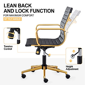 LUXMOD Leather Office Chair in Black, Gold Ergonomic Home Office Desk Chair with Armrests, Mid Back Leather Office Chair for Back Support, Adjustable Black and Gold Chair (1pcs)