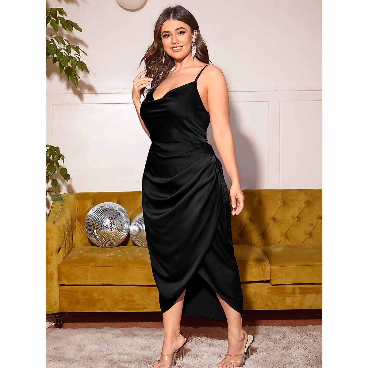 Floerns Women's Plus Size Satin Spaghetti Strap Cowl Neck Wrap Party Cami Dress Black 3XL