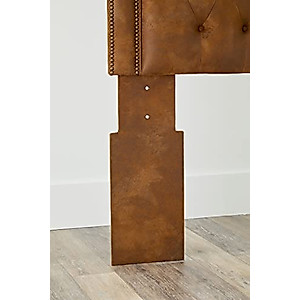 Design 59 D59 Distressed Vegan Leather Upholstered Tufted Button Queen Headboard with Brass Nailheads Queen/Full Size Headboard – Adjustable Height (Chestnut Vegan Leather)