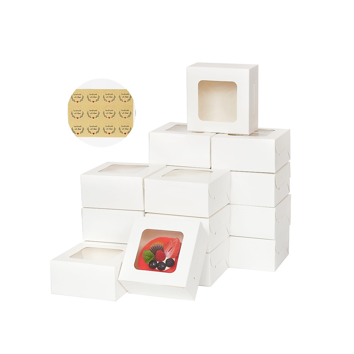 Zzrywuty 50 Packs 5x5x2.5in White Cookie Boxes, Bakery Boxes with Window, Mini Cake Boxes, Cupcake Container Boxes for Cookies, Pastry, Pie, Strawberries, Donuts, Candy, Desserts, Small Cake