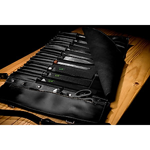 EVERPRIDE Chef Knife Roll Bag Made of Genuine Top Grain Leather – Knife Bag Holds 10 Knives up to 18” PLUS Zippered Compartment for Cooking Accessories – Knives Not Included