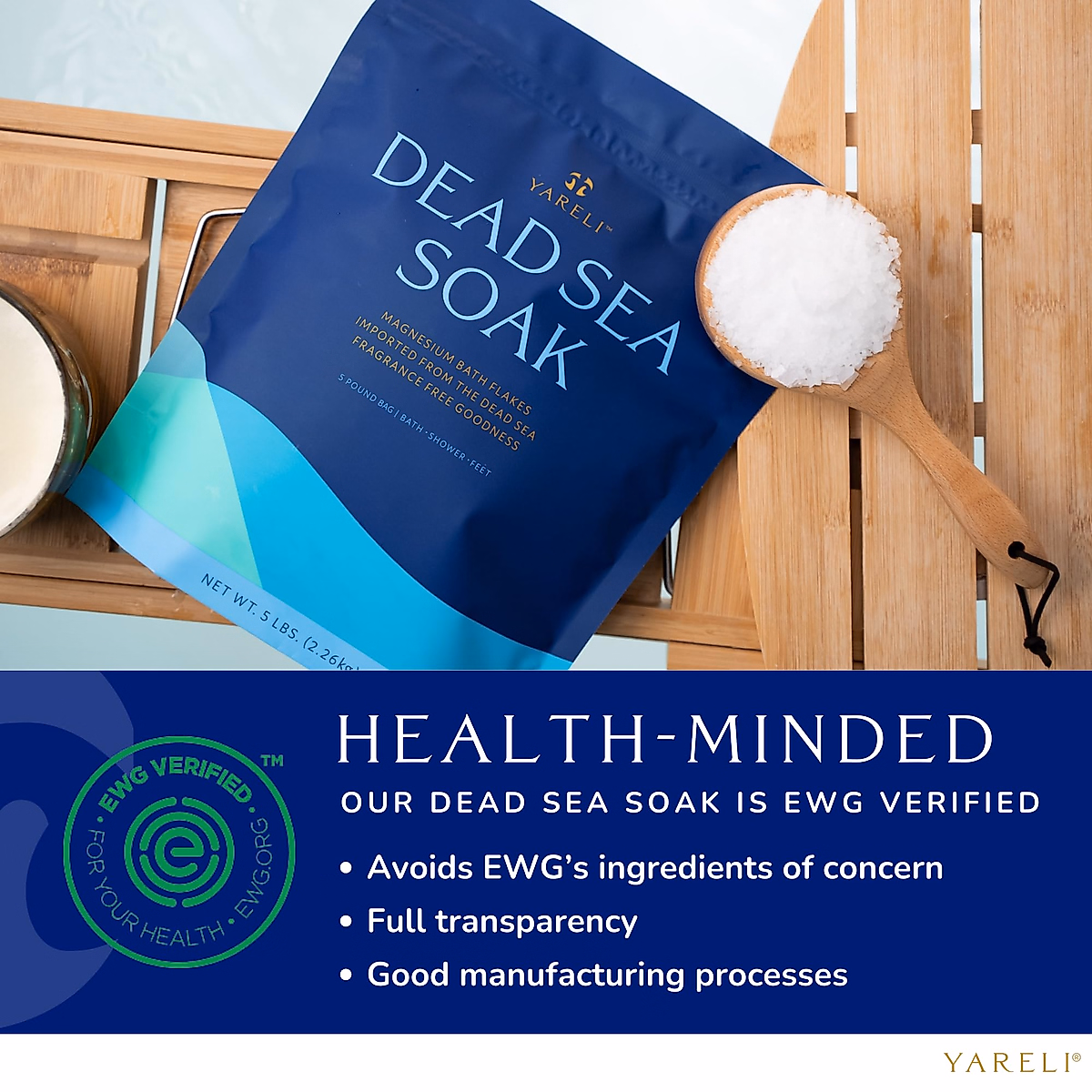 Yareli Dead Sea Bath & Foot Soak, Unscented Magnesium Bath Salt Flakes, Alternative to Epsom Salt, 5lbs with Over 250,000mg of Elemental Magnesium Per Bag