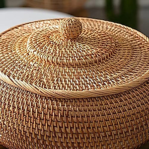 KODENG Round Rattan Boxes with Lid Hand-Woven Multi-Purpose Wicker Tray 11 Inch Picnic Food Bread Table Storage Basket (28x13cm)