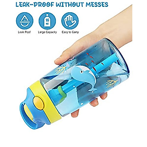 A+ Choice Kids Water Bottle with Straw & Handle - 16 oz BPA Free Kids Water Bottles, Spill Proof, Easy-Clean, Dishwasher Safe - Cute Whale Sky Blue