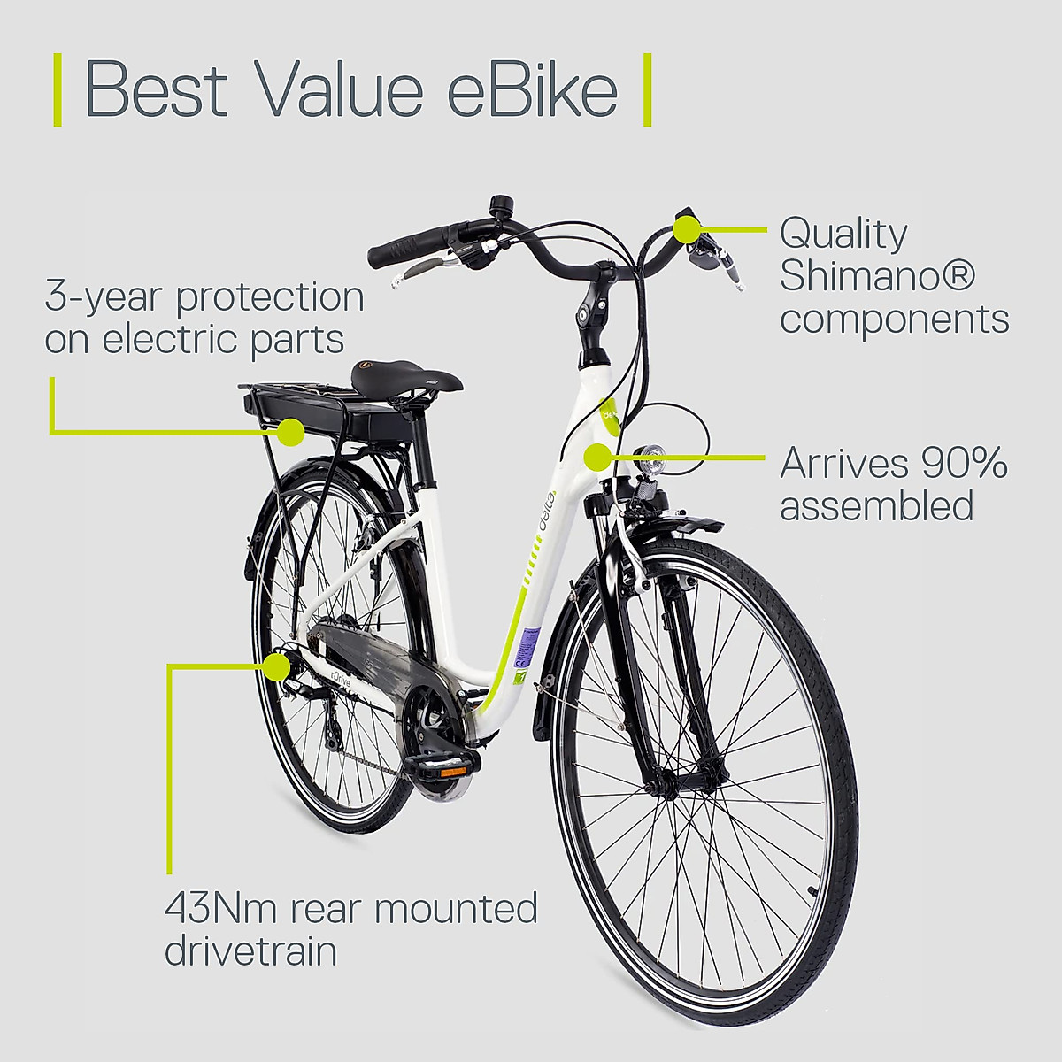 Electric Bike, Delta Cycle rDrive Ebike - 396Wh Lithium-Ion Battery, 55 Miles On A Single Charge - 7 Speed Shimano Gear System, Front & Rear V-Brakes - Safety Lights, Storage Rack & Kickstand