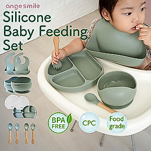 Ange Smile Silicone Baby Feeding Set - 12pcs Baby Led Weaning Supplies, Suction Bowl, Divided Plate, Spoons, Forks, Adjustable Bib, Eating Utensils for 6+ Months. Perfect baby registry essential gift