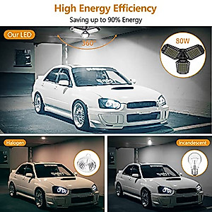 QIYVLOS LED Garage Lights, Garage Lighting 80W 10000 Lumens with Deformable Three Panels Garage Ceiling Light Fixture E26 6000K Daylight Glow LED Shop Light for Basement/Workshop/Warehouse 2 Packs