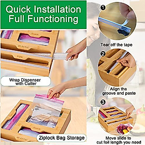 IFSNOW 6 In 1 Ziplock Bag Storage Organizer and Wrap Dispenser With Cutter, Aluminum Foil Organization and Storage for Kitchen Drawer, Bamboo Plastic Bag Organizer for Gallon Quart Sandwich Snack