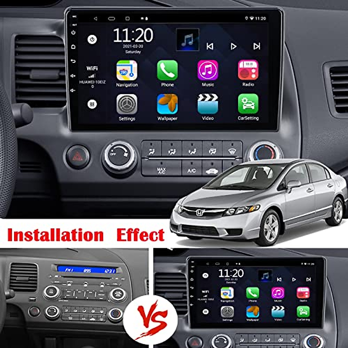 Binize Android 10 Car Stereo Compatible with CarPlay&Android Auto,10 Inch Touch Screen Car Radio Support Bluetooth,GPS Navigation,FM&AM,RDS,DSP,SWC for Honda Civic 2006-2011+Backup Camera