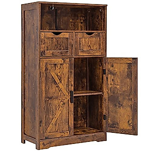 WEENFON Floor Storage Cabinet with 2 Adjustable Drawers & 2 Barn Doors, Standing Cupboard with 2 Shelf, for Living Room, Home Office, Kitchen, Rustic Brown