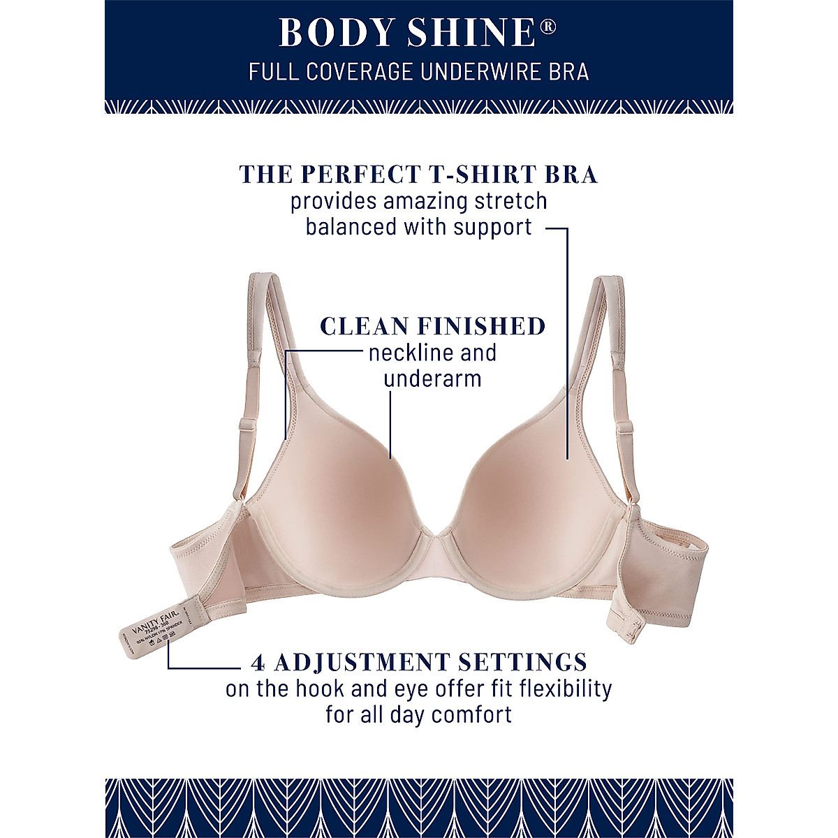 Vanity Fair Women's Perfect T-Shirt Bra, Body Shine Full Coverage, Lightly Lined Cups up to DD, Underwire-White, 36C