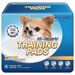Honey Care All-Absorb, Small 17.5" x 23.5", 120 Count, Dog and Puppy Training Pads, Ultra Absorbent and Odor Eliminating, Leak-Proof 5-Layer Potty Training Pads with Quick-Dry Surface, Blue, A05