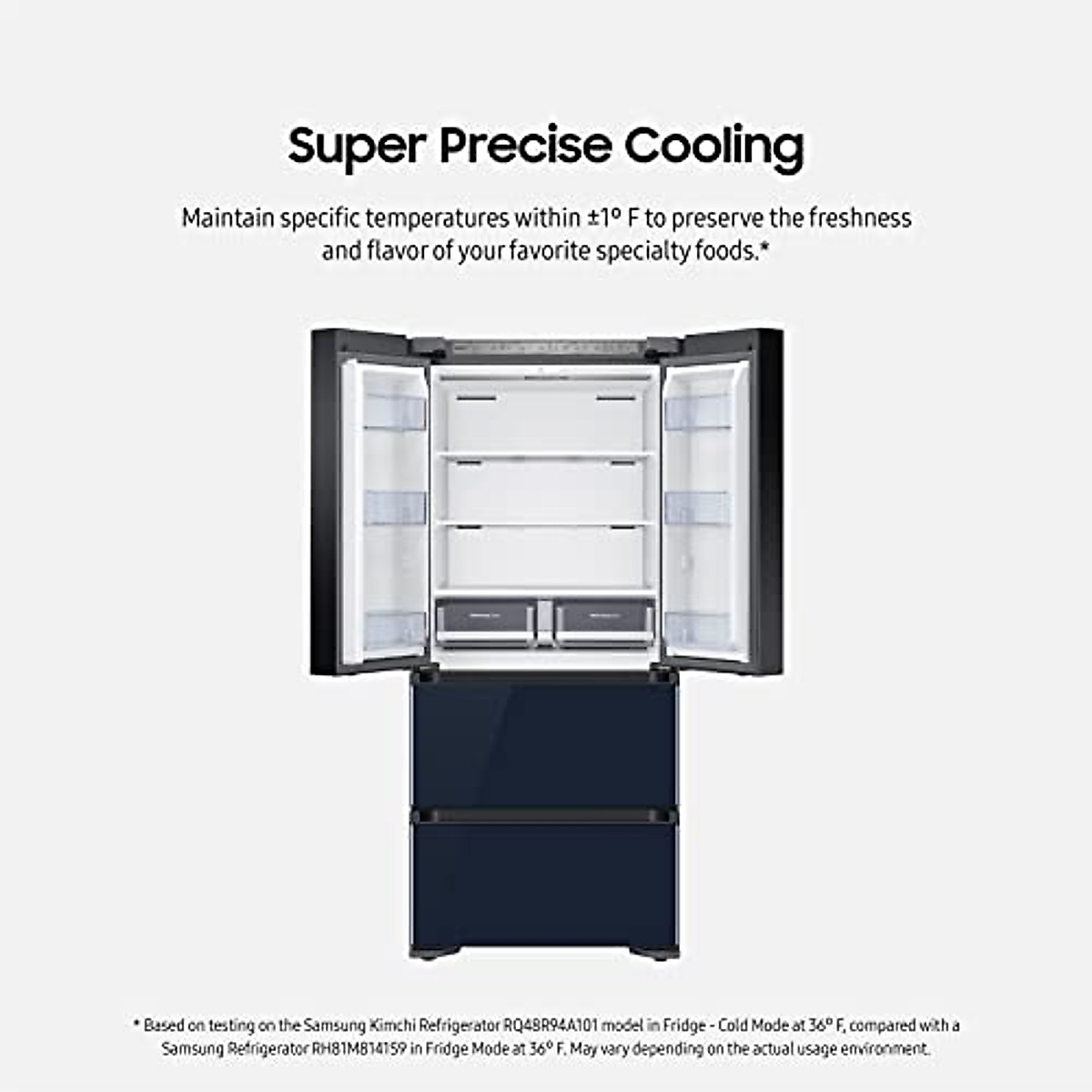 SAMSUNG 17.3 Cu Ft Smart Kimchi & Specialty 4-Door French Door Refrigerator w/ Freezer, Precise Cooling, Large Capacity, RQ48T94B277/AA, White Navy Glass