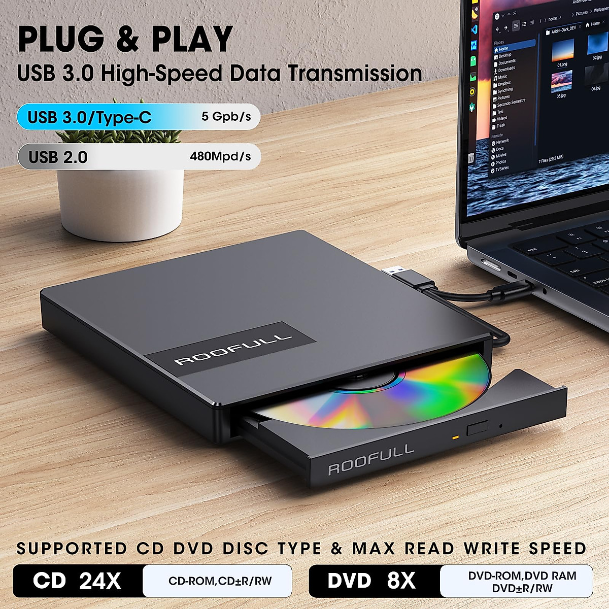 ROOFULL External CD DVD Drive USB 3.0 USB-C with 4*USB Ports and SD/TF Card Slot, Portable CD DVD Player Burner Optical Disc ROM/RW Reader Writer for Laptop PC Apple Mac Windows 11/10 Linux Computer