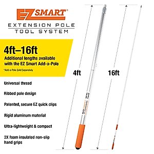 EZ Smart Extension Pole 21ft & Beyond Reach, 1 to 16 ft Extension Pole with The Option to go Beyond with Our add-a-Pole Section, Compact Segments Adjust to The Length You Need/Lightweight and Sturdy