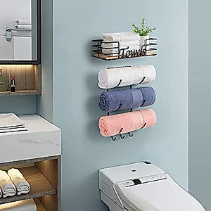 Towel Racks for Bathroom, Towel Holder Wall Mounted for Small Bathroom Wall, Roll Towel Rack with 3 Towel Hooks and Wooden Shelf, Drilling and No-Drill Installation Options Available, Black