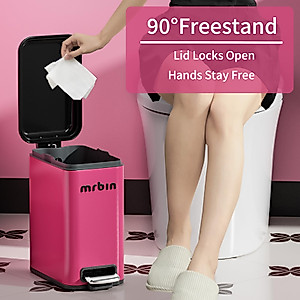MRBIN Small Metal Bathroom Trash Can with Black Lid, Slim 5L/1.6 Gal Waste Basket for Bedroom, Touchless Garbage Bin with Stainless Steel Pedal for Narrow Kitchen, Office Retro Decor, Berry Pink
