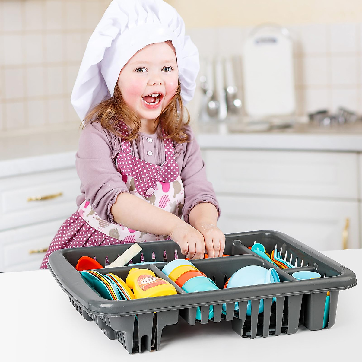 deAO 41PCS Kids Play Dishes Durable Pretend Play Kitchen Set for Kids Children Tableware Dishes Playset with Drainer - Play Kitchen Accessories for Girls Boys Kids