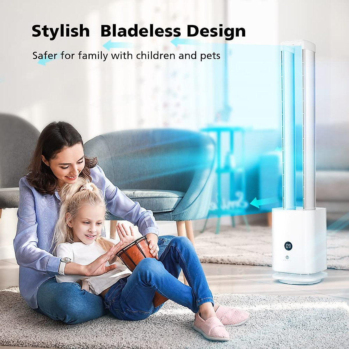 ULTTY Bladeless Tower Fan and Air Purifier in one, Bedroom Fan with HEPA Filter Smoke Dust Pollen Dander, 42.5" Oscillating Tower Fan with Remote, Touch, 8H Timer, White