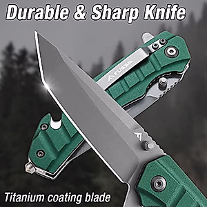 FLISSA Folding Pocket Knife, Tactical Knife with Liner Lock, Tanto Blade, Pocket Clip, Glass Breaker, Seatbelt Cutter, Perfect for Hunting, Camping, Survival (Green)