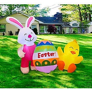 ECOOSTAR 4.5FT Long Easter Decorations Inflatables Bunny & Chicken with Eggs, Blow UpYard Build-in LED Lights, Decor for Outdoor Indoor, Yard, Garden, Lawn, White (RH-120-0600U4-1)