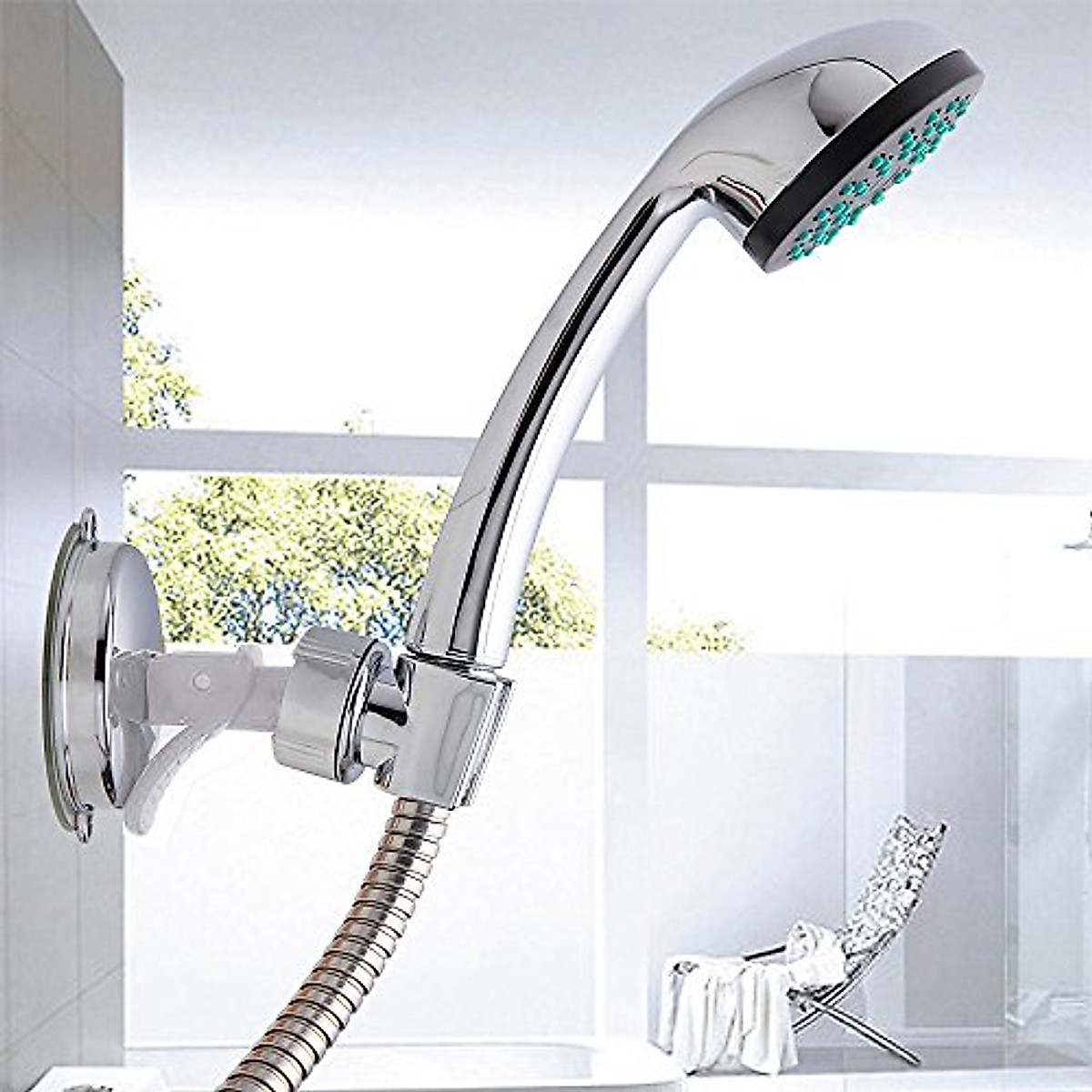 Zeta® Adjustable Attachable Rotatable Bathroom ABS Handheld Showerhead Bracket Wall Mount Holder with Suction Cup, Polished Chrome