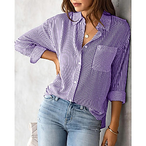Mayntop Women Button-Down Collar Pinstripe Vertical Stripe Long Sleeve Pocket Loose Shirt Business Casual Top OL Office Lady Work Blouse A Purple XL