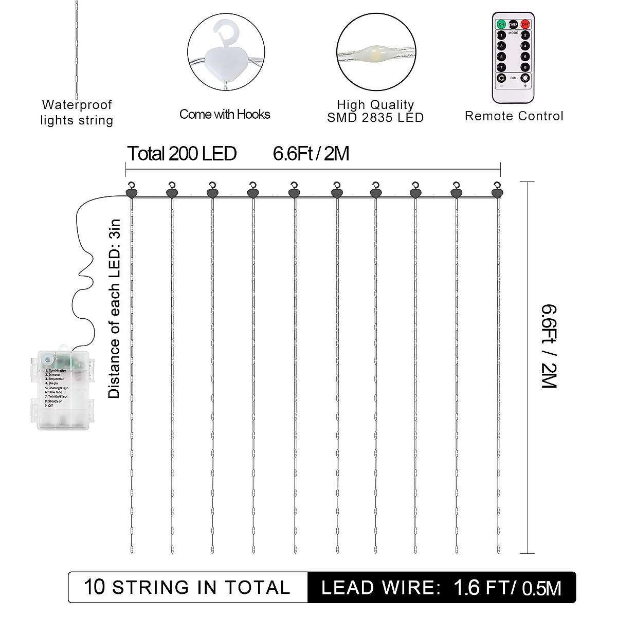 echosari Battery Operated Curtain String Lights, 6.6×6.6ft 200 LED Curtain Lights with Remote 8 Modes Timer Waterproof for Outdoor Indoor Wedding Backdrops Bedroom (Cool White)
