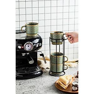 LYEOBOH Coffee Mug, Coffee Mugs Set of 4, Stackable Coffee Mugs with Rack and Spoons - 13 Oz Coffee Cup Set with Stand, Ceramic Coffee Mugs for Home & Kitchen, Blue and Green