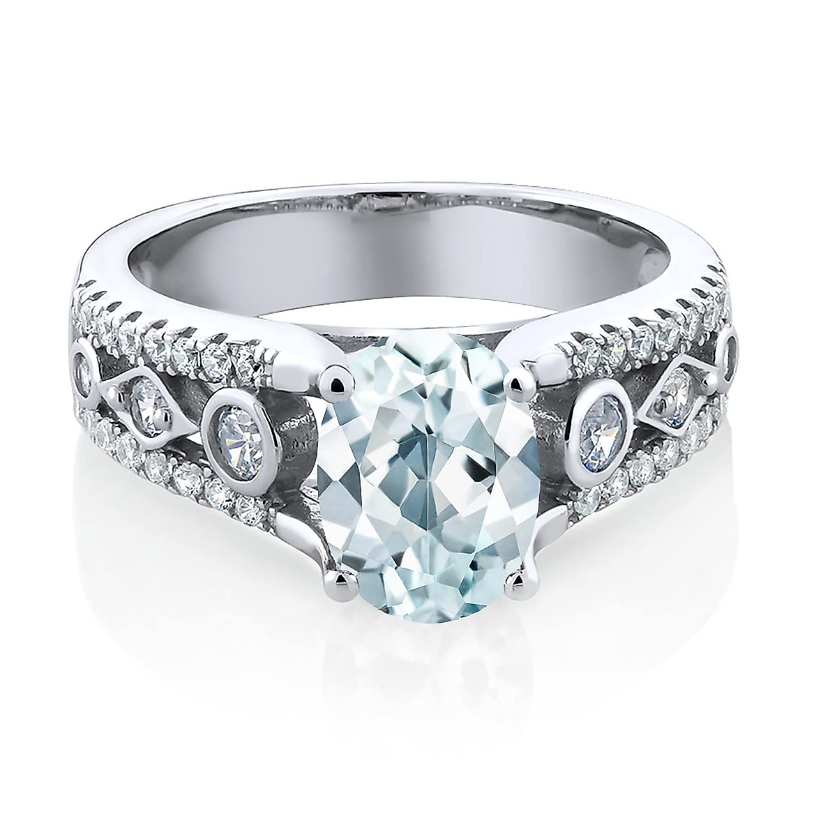 Gem Stone King 925 Sterling Silver Sky Blue Aquamarine Engagement Ring For Women (1.66 Center Stone: 8X6MM Oval, Gemstone Birthstone, Available In Size 5, 6, 7, 8, 9)