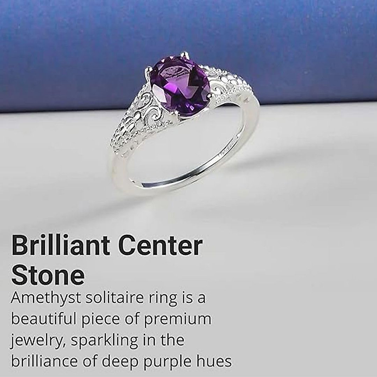 Solitaire Engagement Rings for Women in 925 Sterling Silver - Amethyst February Birthstone Promise Vintage Purple Jewelry Birthday Gifts