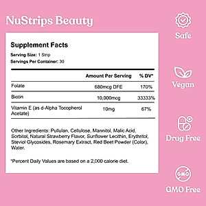 NuStrips Beauty in a Strip™ | Oral Strips with Biotin, Folate and Vitamin E | Maximum Absorption & Fast Results for Hair Skin & Nails | Vegan, 100% Natural | 30 Individually Wrapped Strips