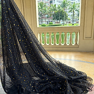 Black Glitter Tulle Fabric Rolls 63 inch by 5 Yards Gold Star Moon Sequin Tulle Netting Fabric for Tutu Skirt Sewing DIY Crafts Wedding Birthday Baby Shower